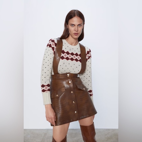 Zara | Skirts | Zara Faux Leather Mini Skirt With Suspenders In Whiskey ...